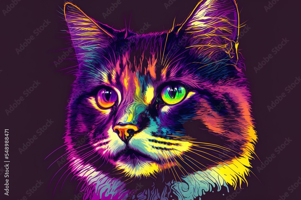 cat is shown in neon colors over a black backdrop in a pop art portrait ...