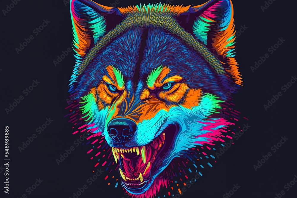 wolf Pop art depiction of a wolf's head in bright colors on a dark blue ...