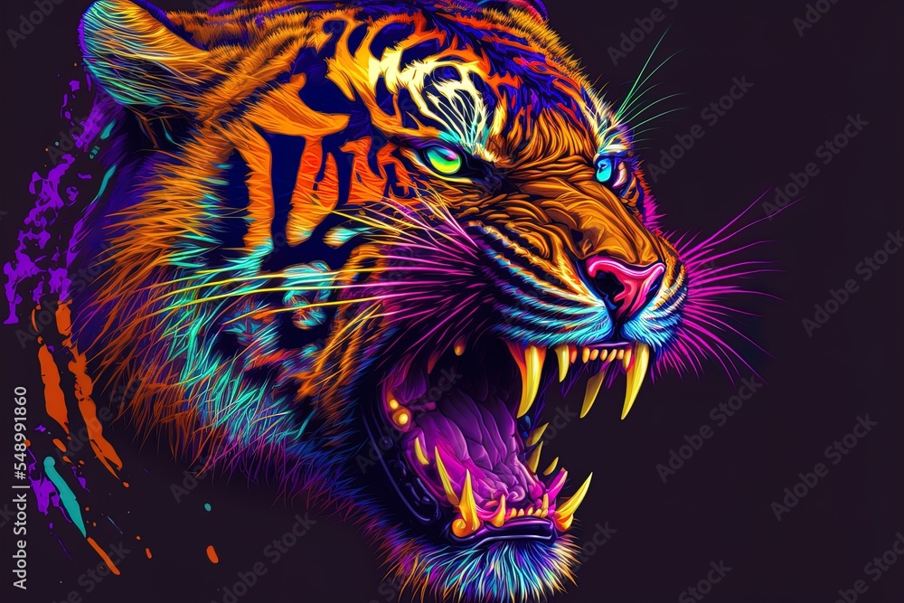 Tiger in a pop art style that contains splatters of watercolor and uses ...