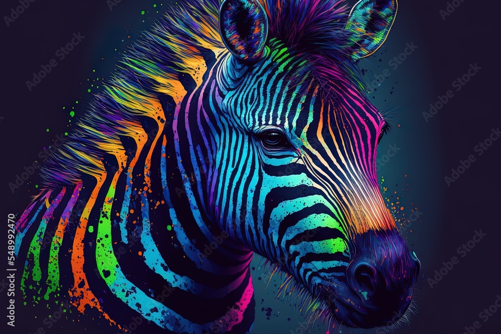 zebra is depicted in neon colors against a black background in a pop ...