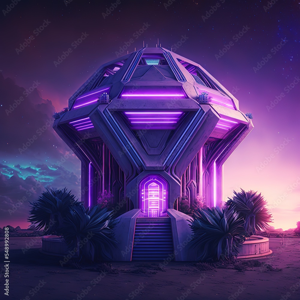 pentagonal indigenous temple kiosk with green neon beams in outer space ...