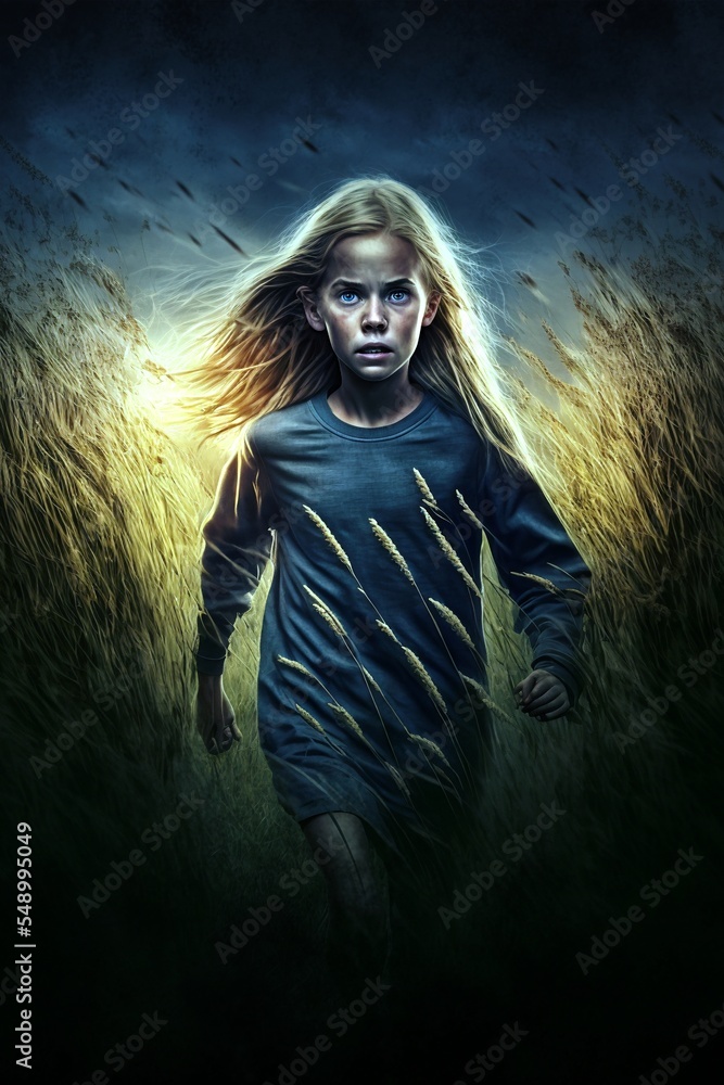 Blond little girl running away in a field with tall grass Stock ...