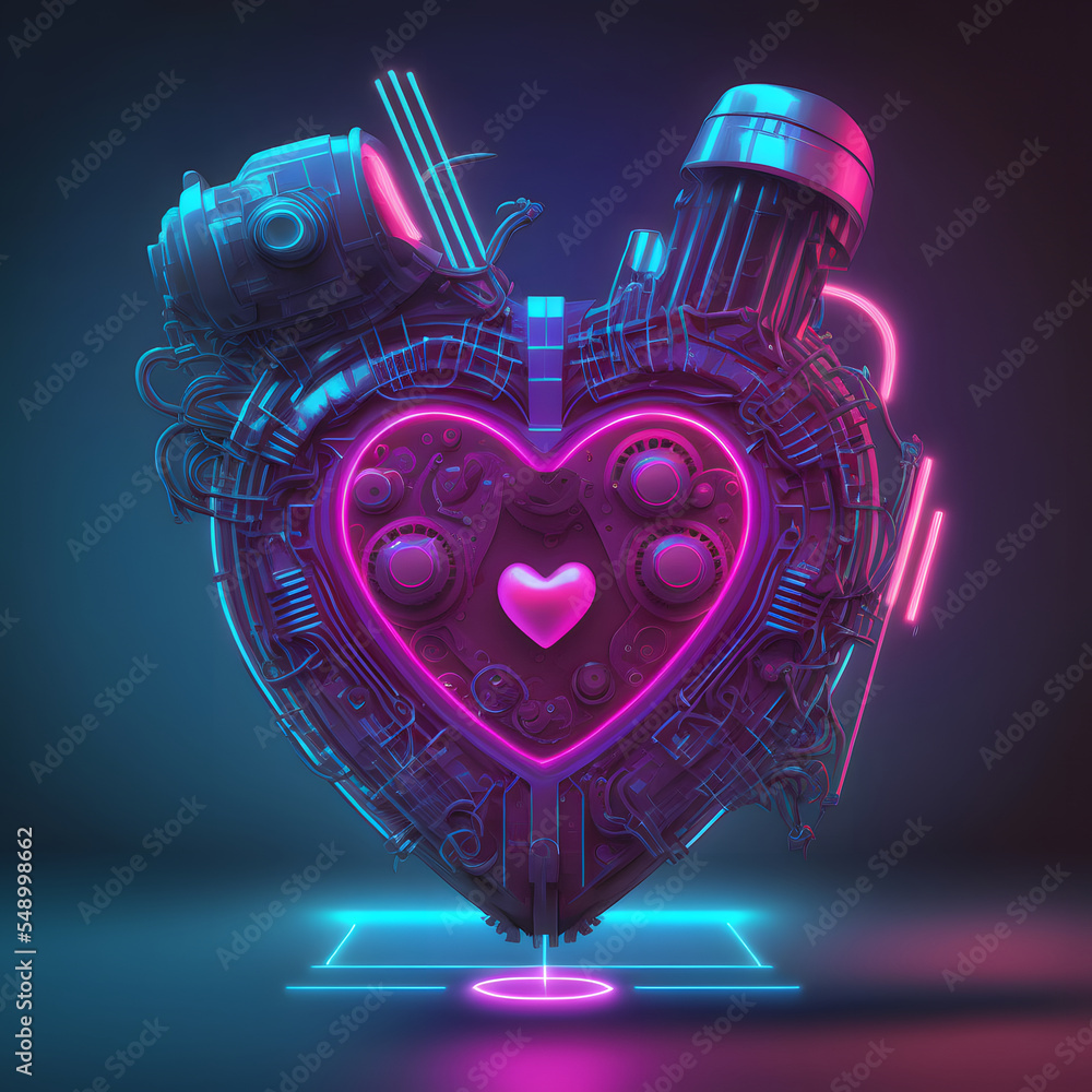 cyberpunk high-tech neon glowing heart, cyber valentines day concept ...