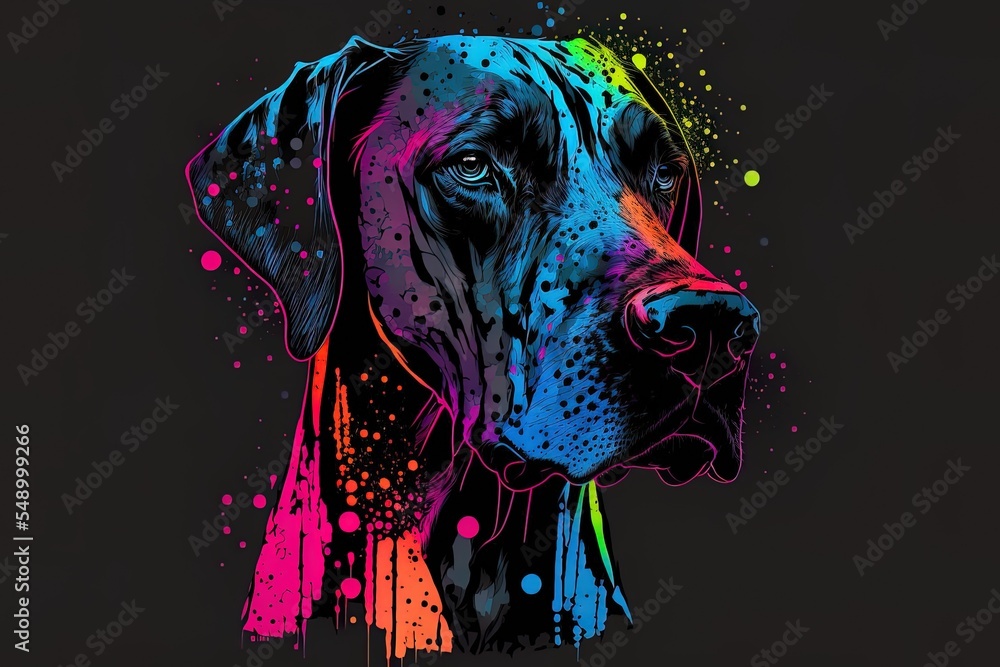 great dane in neon colors and an abstract design set against a black ...