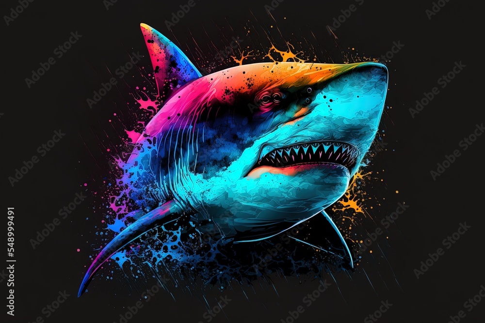 Shark in neon colors and an abstract design set against a black ...