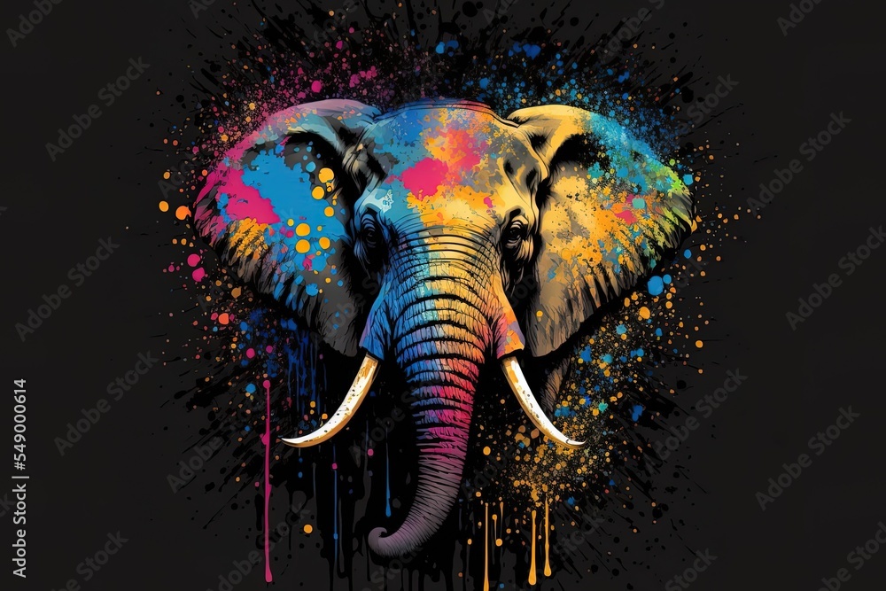 elephant is depicted in neon colors against a black background in a pop ...