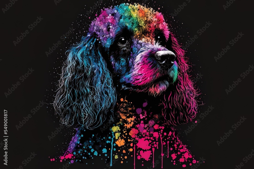 poodle is depicted in neon colors against a black background in a pop ...