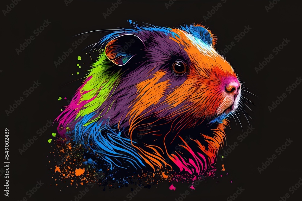 A guinea pig in neon and pop art style, set against a black backdrop ...