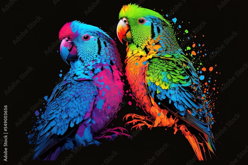 Parakeet portraits in neon, abstract colors with watercolor splashes ...