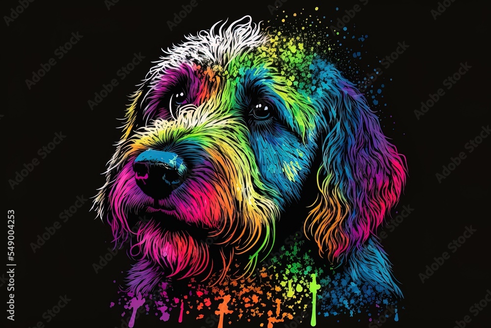 Goldendoodle in an abstract, neon, and color palette on top of a black ...