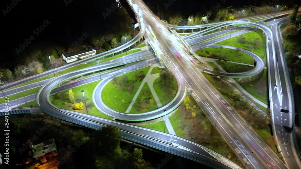 Night traffic in tunnel. and car lights stopping. Aerial Hyper Lapse of ...