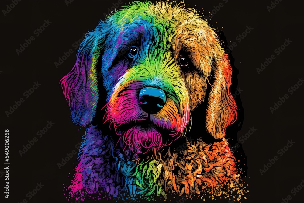 Goldendoodle picture in pop art style with splashes of watercolor, in ...