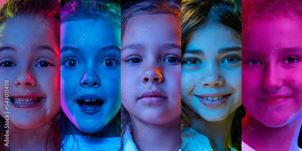 Children's emotions. Set of portraits of cute kids, charming little ...