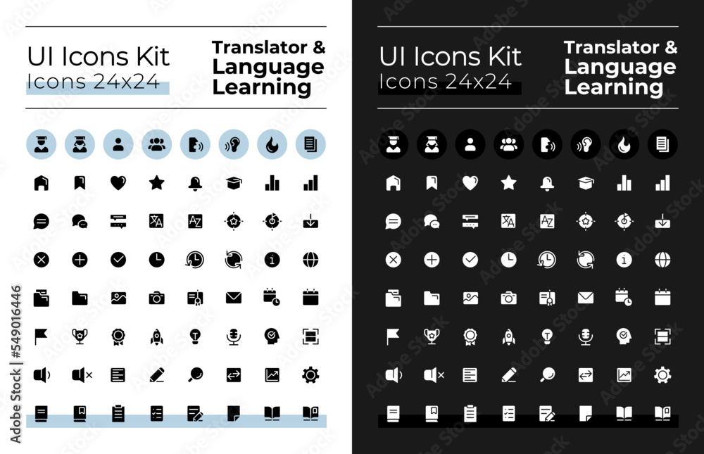 Translator glyph ui icons set for dark, light mode. Language learning ...