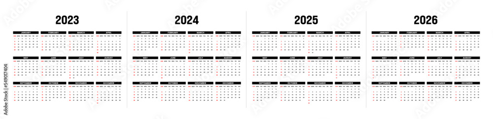 Vecteur Stock 2023 2024 2025 2026 Calendar starting Sunday Calendar ...