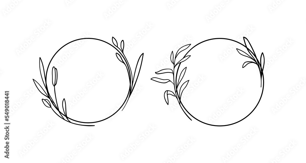 Flowers Wreath Frame line art on white background. Leaves wreath ...