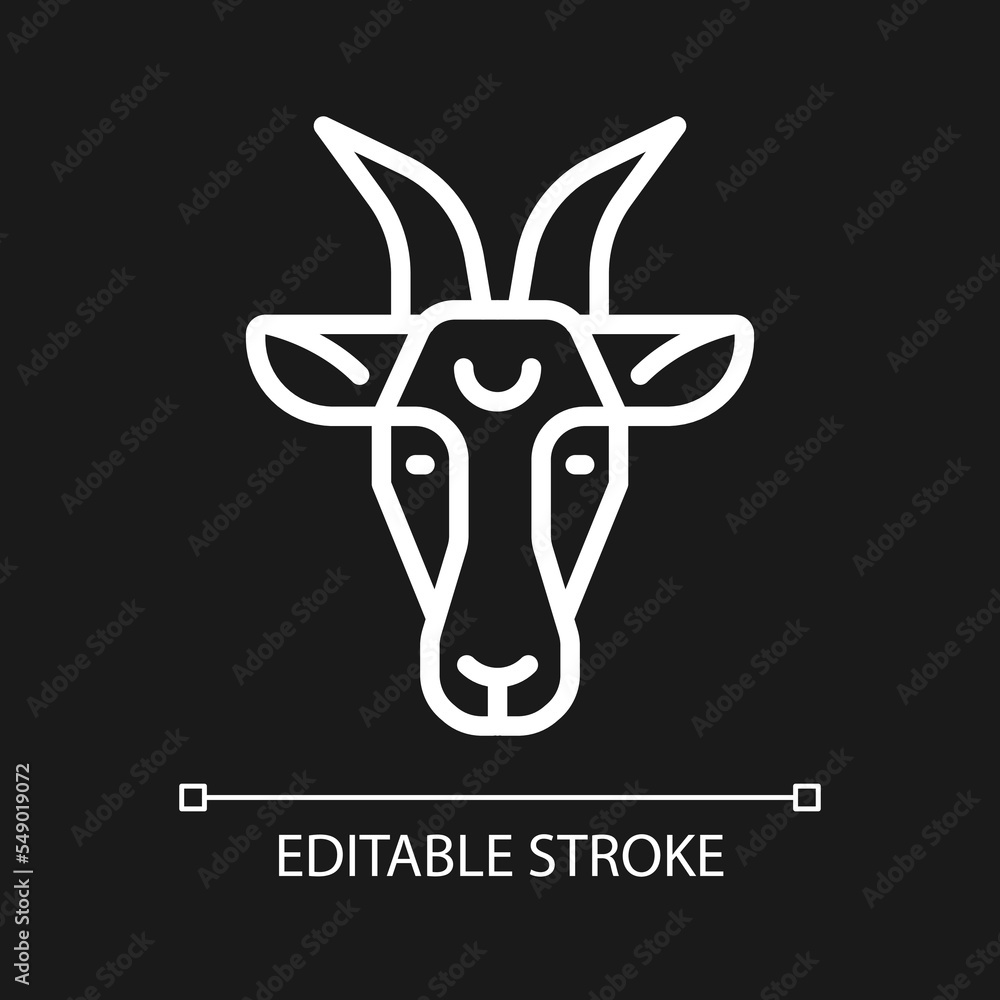 Goat head pixel perfect white linear icon for dark theme. Capricorn ...
