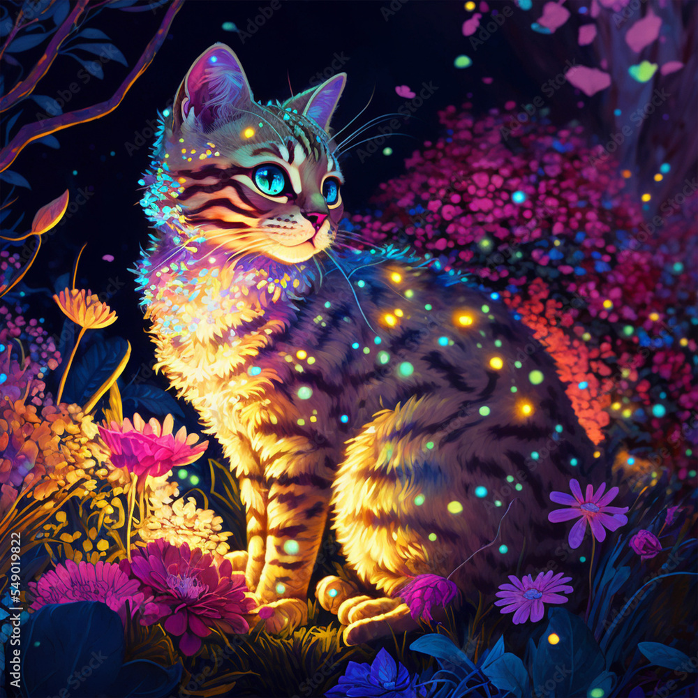 Fantasy cat in glowing flower Stock Illustration | Adobe Stock