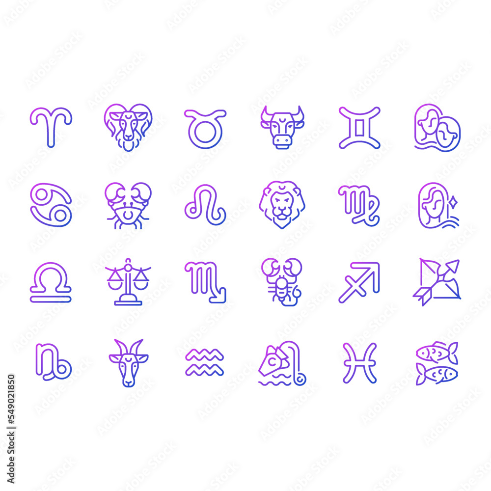 Zodiac signs pixel perfect gradient linear vector big icons set ...