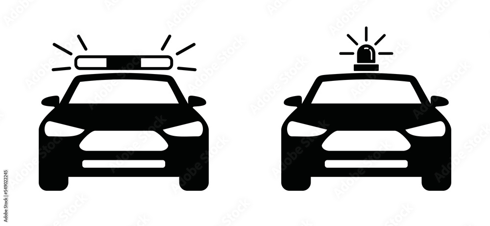 Police car icon set. Black car with siren light icon vector. Patrol car ...