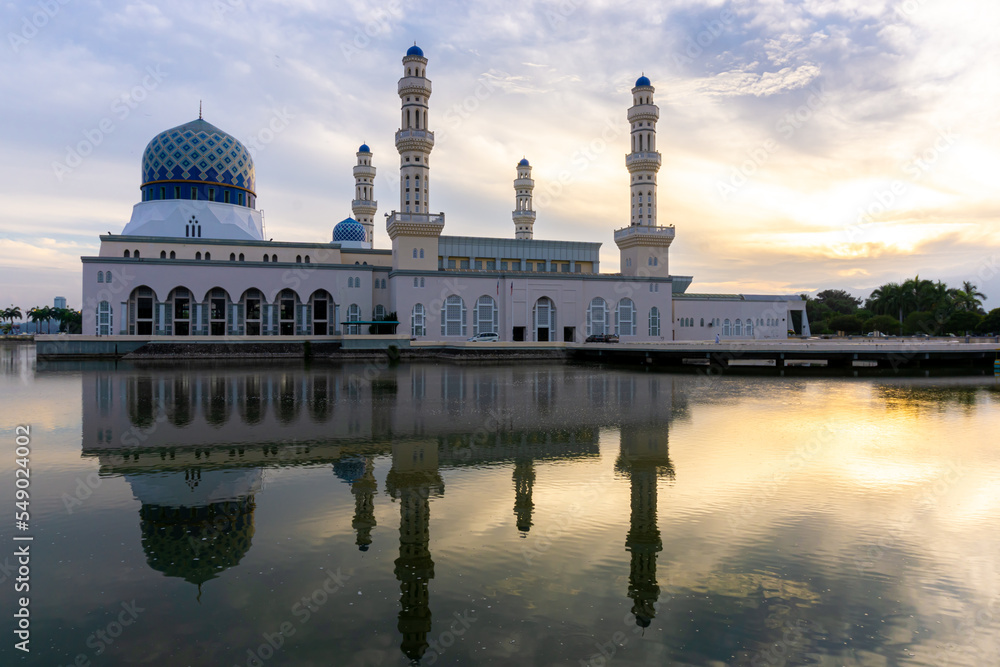 The floating City Mosque, also known as Likas Mosque at Kota Kinabalu ...