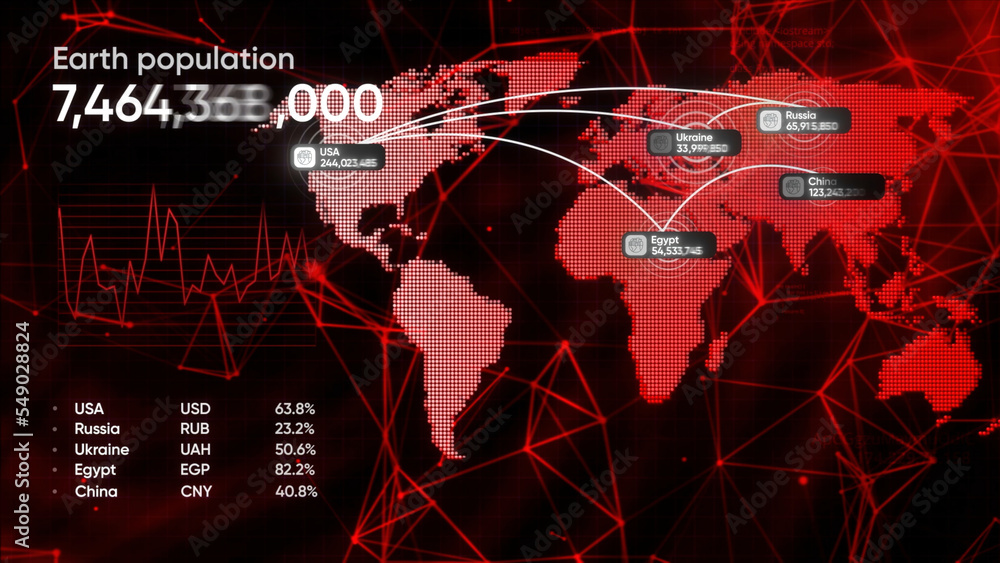 Human overpopulation growth and spread over the world map. Motion ...