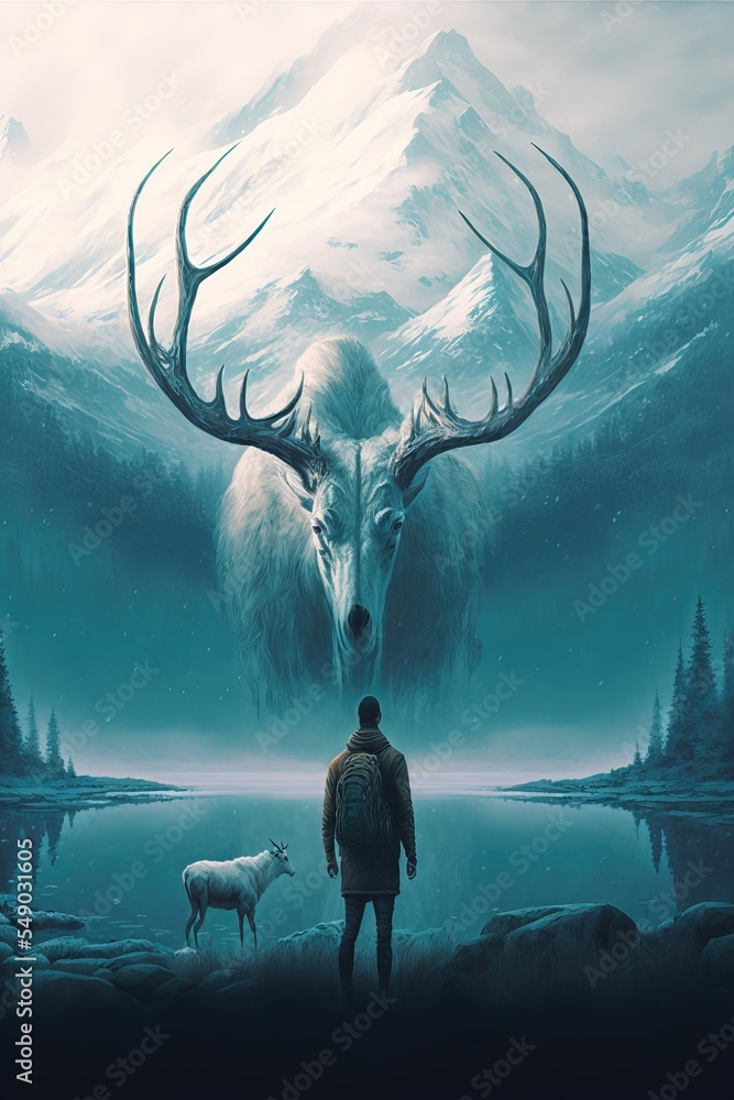 Hunter tracking Giant elk. Fantasy scenery. concept art. winter ...