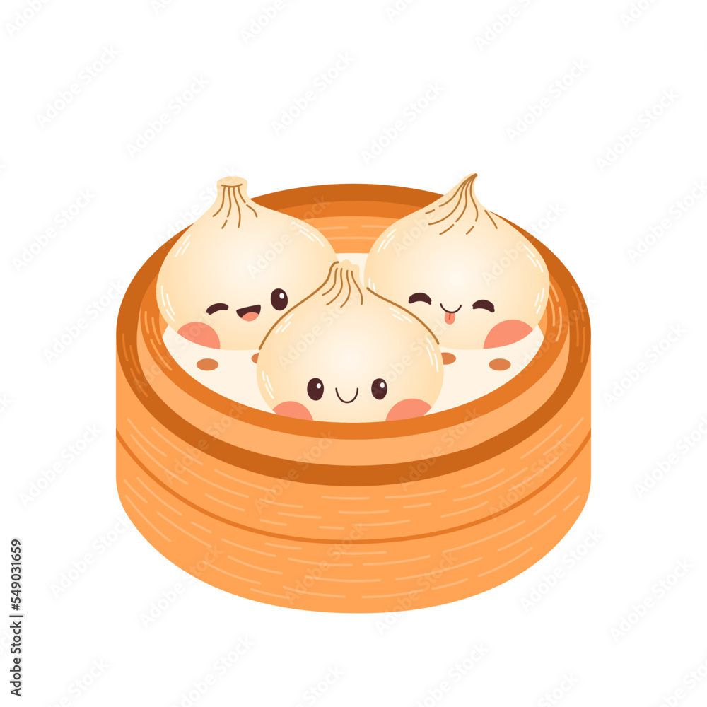 Cute cartoon dumplings vector drawing. Traditional Japanese dumplings ...