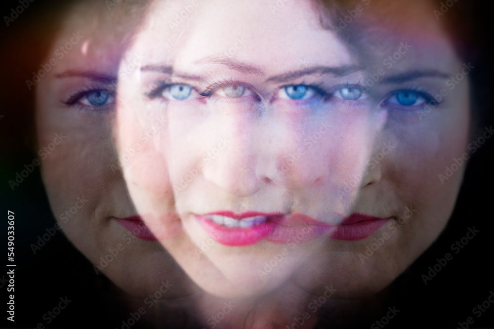 Grainy blurred multiple exposure color photograph of a woman with a ...