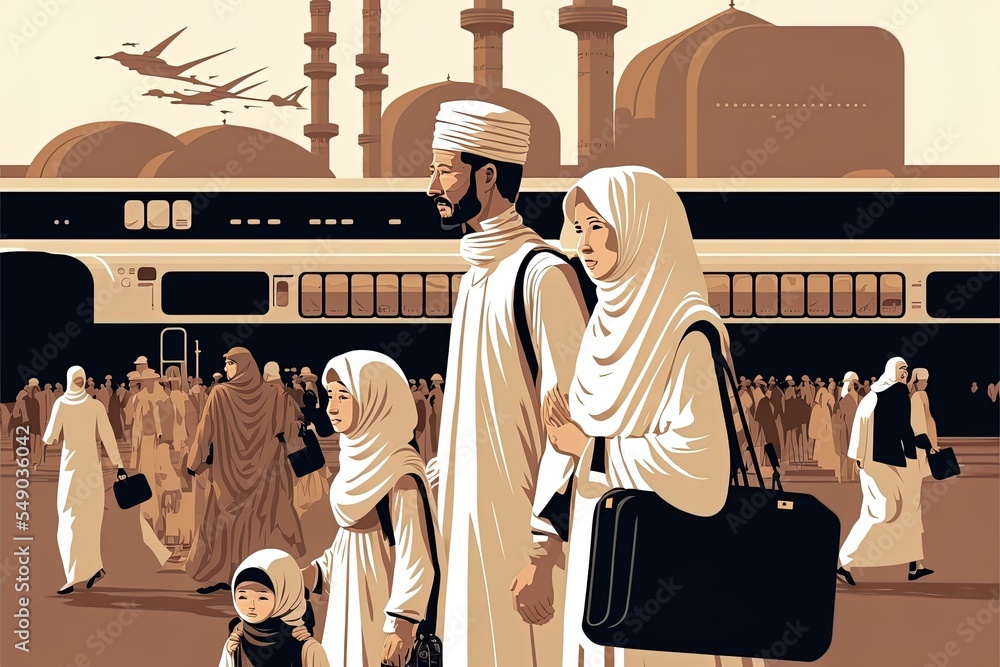 A Muslim Family Pilgrim Just Arrived In Mecca To Perform Hajj Or Umrah ...