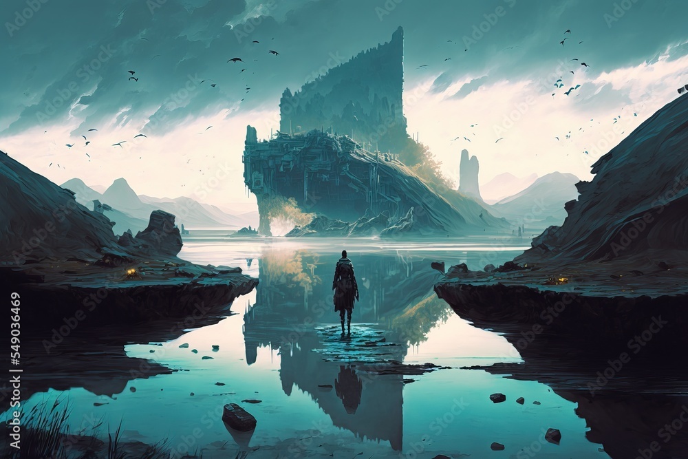 silhouette of a person travel around the post-apocalypse world. sci-fi ...