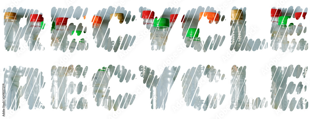 Word text recycle collage with plastic bottle embedded. Background ...