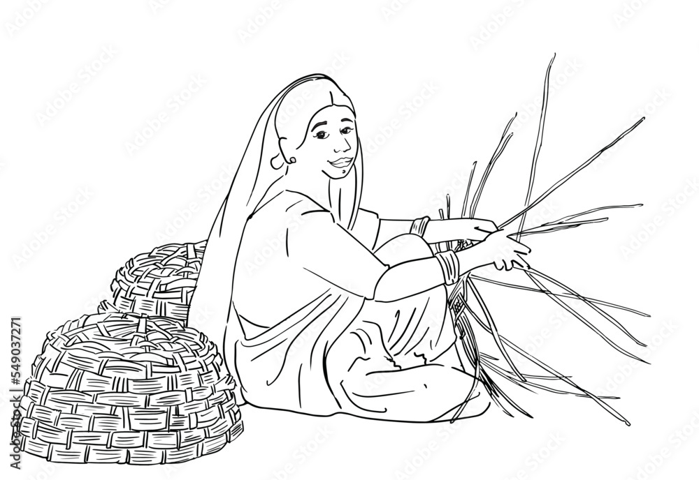 Line art of Indian Women weaving traditional baskets, making hand made ...
