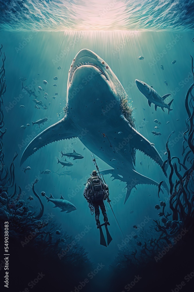 Scuba diver confront with giant shark. Megalodon, Fantasy scenery. concept art. ilustración de ...