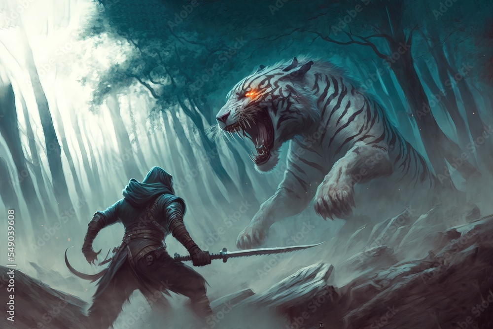 Hunter fighting against White tiger. Fantasy scenery. Illustration ...