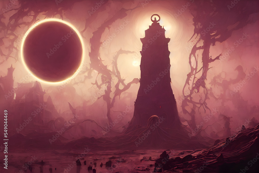 Scary fantasy tower with dark moon with circle of light. Stock ...