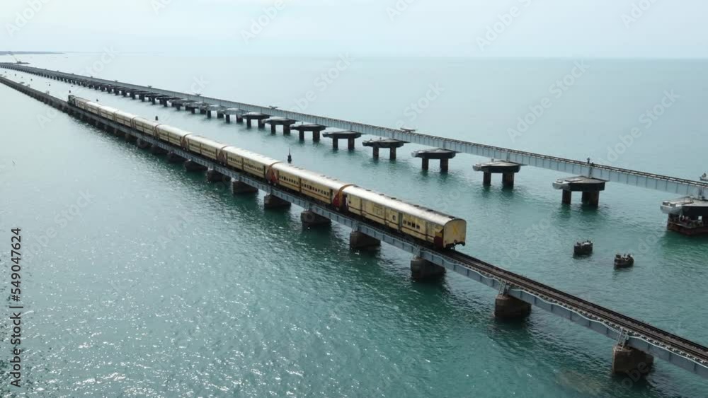 Train passing through Pamban Bridge cantilever sea bridge in Rameswaram ...