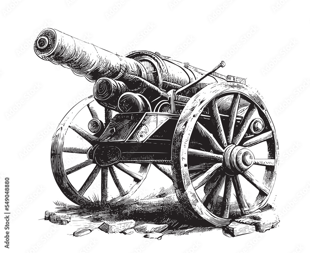 Cannon old vintage sketch hand drawn sketch, engraving style Side view ...