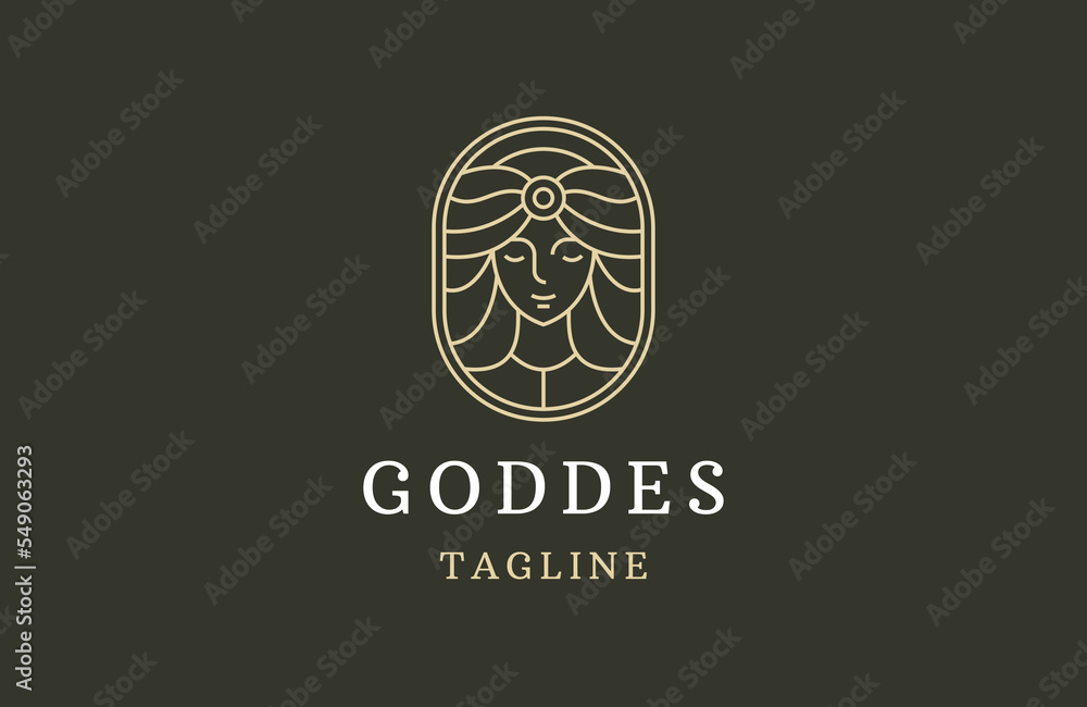Luxurious greek goddess woman with line style logo icon design template ...