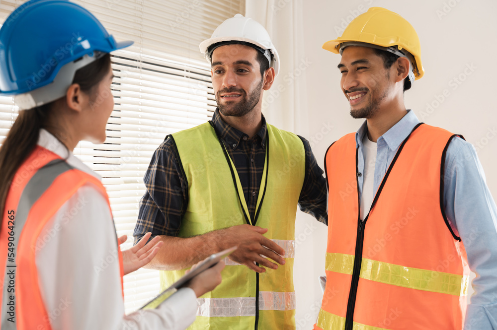 Multi ethnicity group of engineers, architects and construction worker ...