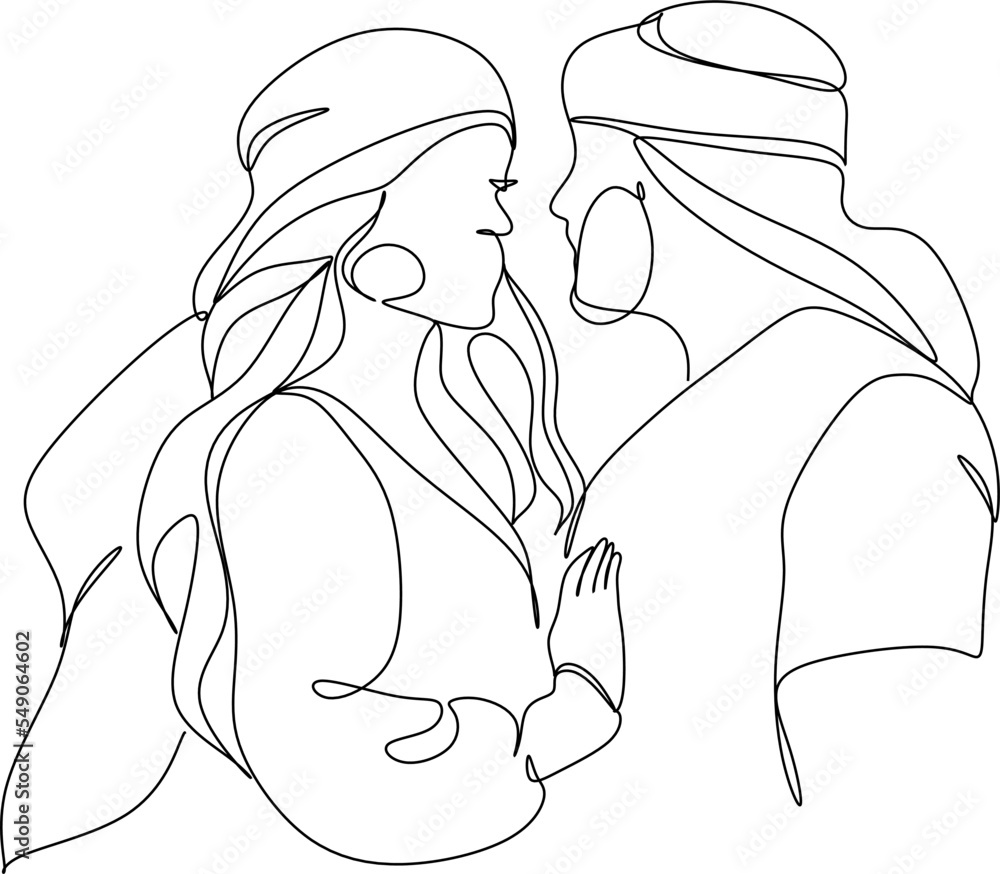 One line drawing of young happy muslim men and women walking together ...