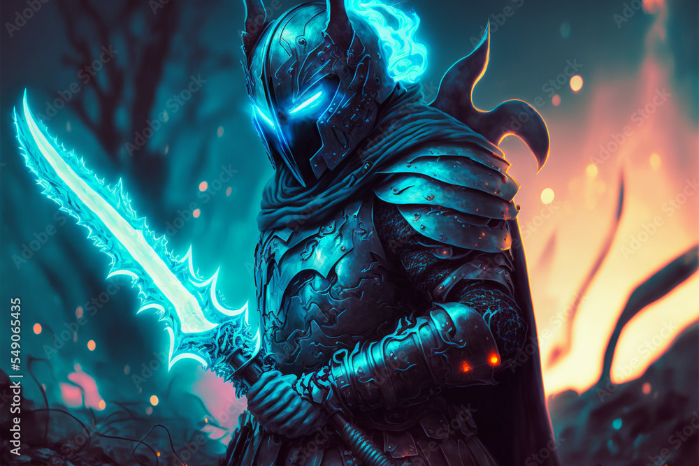 medieval knight with a Light-Cyan Electricity Kukri weapon waiting to ...