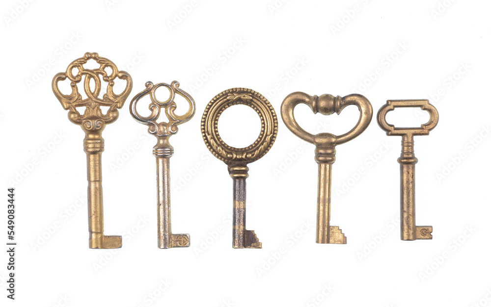 collection of vintage golden keys isolated on white background Stock ...