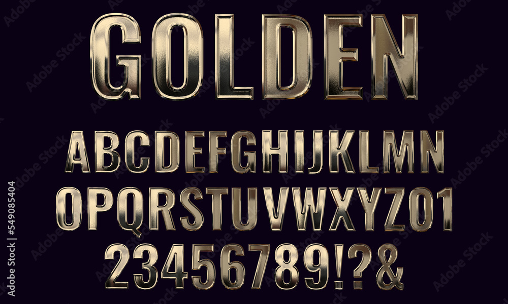 Golden alphabet with capital letters and numbers, metallic gold font ...