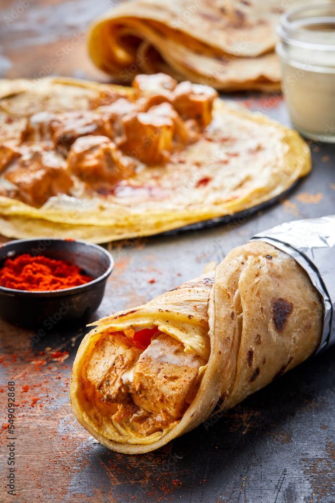 Paneer Makhani paratha roll kathi shawarma wrap with dipping sauce ...