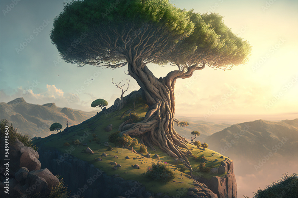 Surreal giant tree on top of a hill, detailed, path up the hill, vast ...