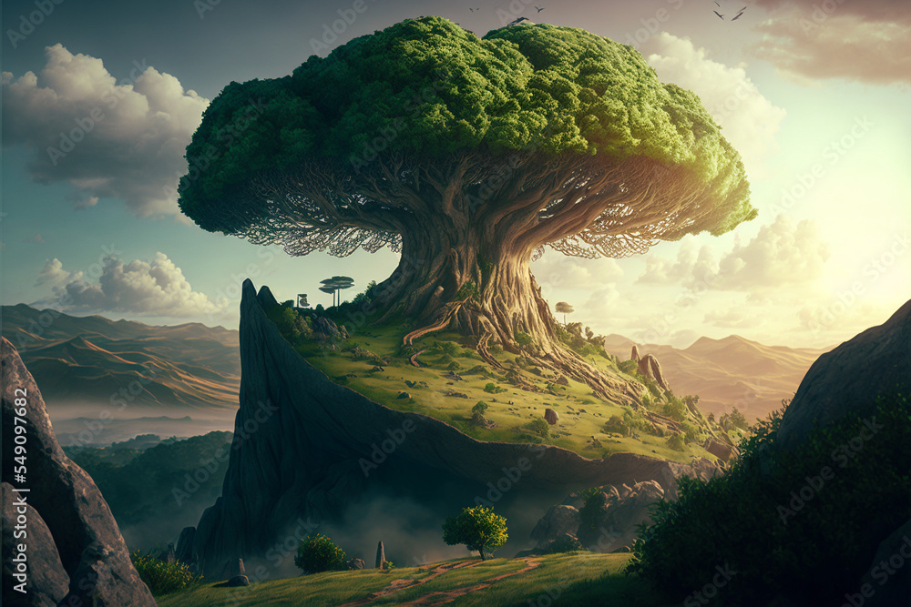 Surreal giant tree on top of a hill, detailed, path up the hill, vast ...