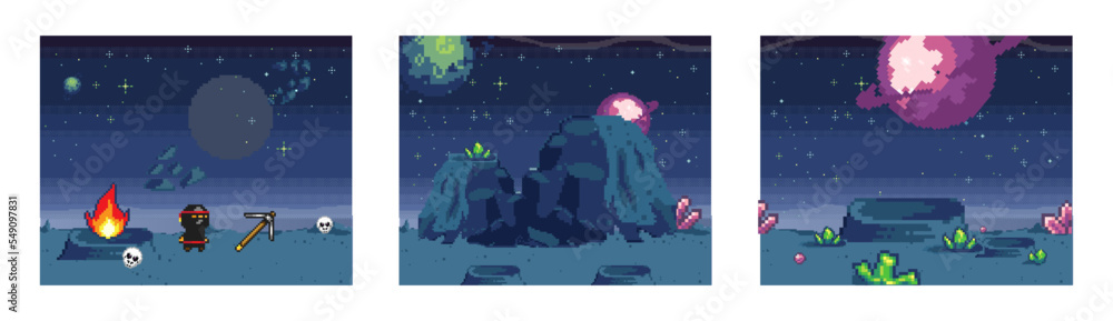 Retro computer games level. Pixel art video game scene 8 bit warrior ...