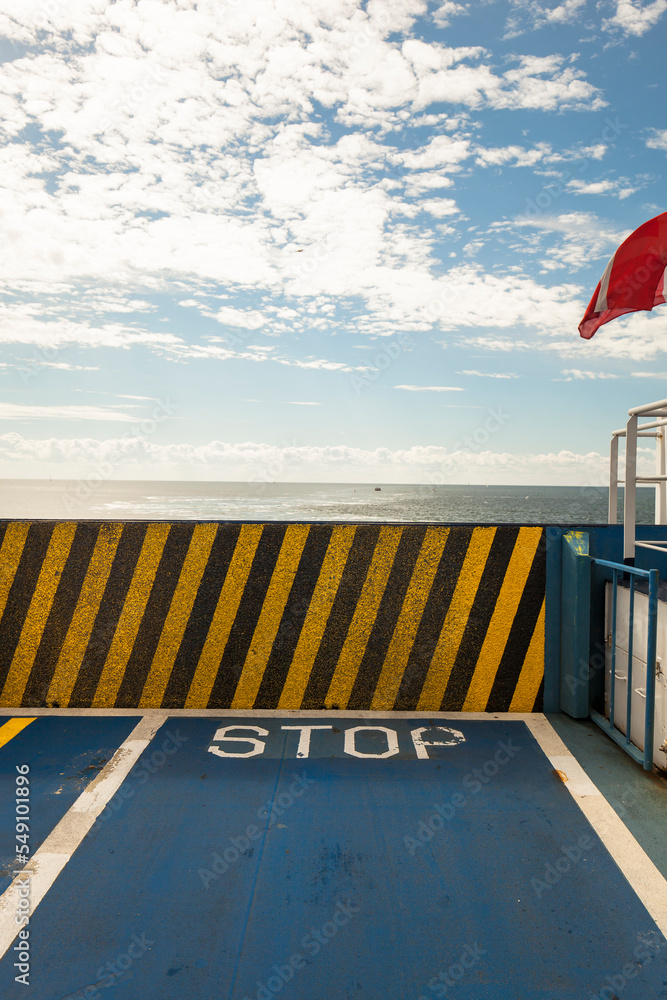 Safety marking on car ferry, Stop sign, Floor marking on ferry with ...