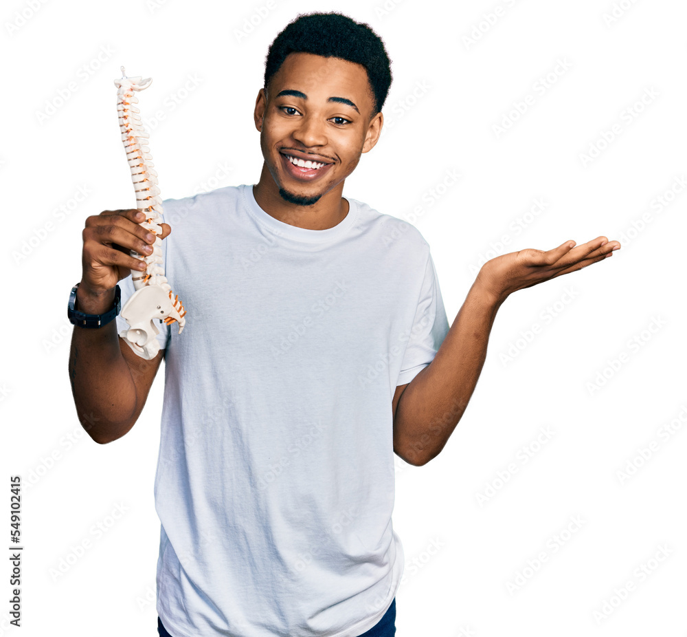 Young african american man holding anatomical model of spinal column ...
